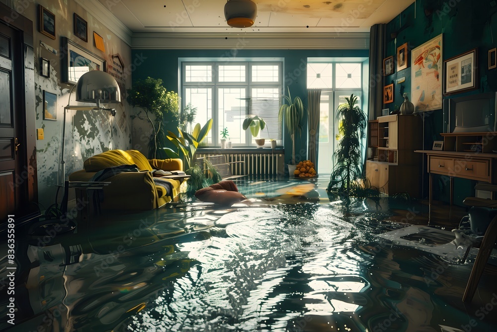 A flooded living room with a yellow couch and a potted plant. The room ...