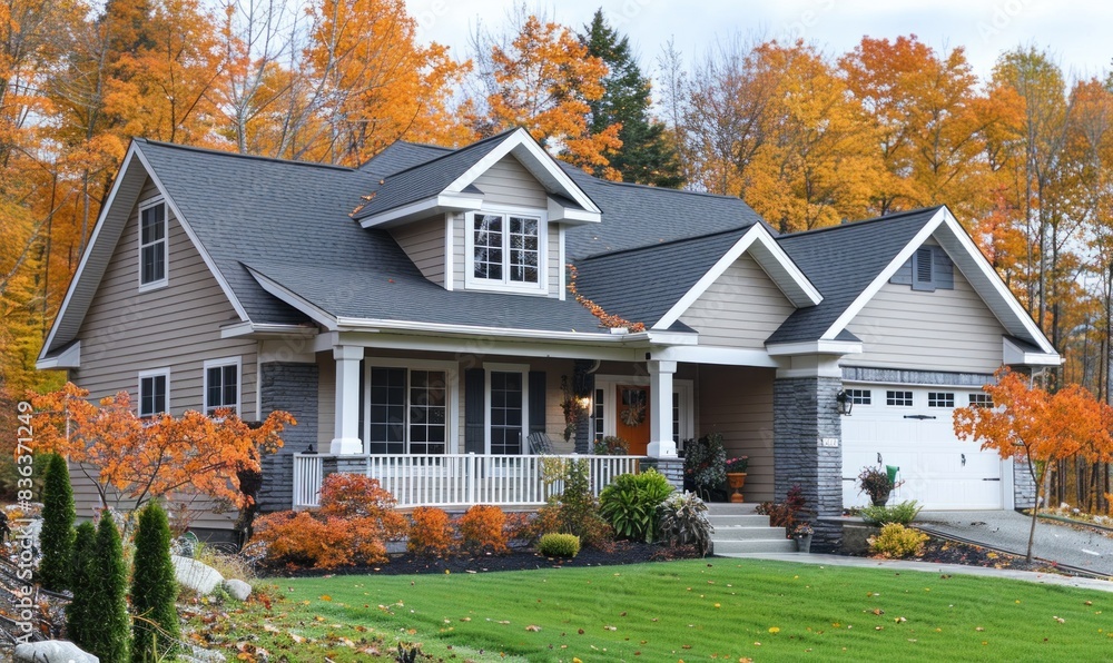 Beautiful suburban home in fall with green grass, trees, gray roof ...