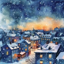 Blue Watercolor Winter Cityscape Free Stock Photo - Public Domain Pictures