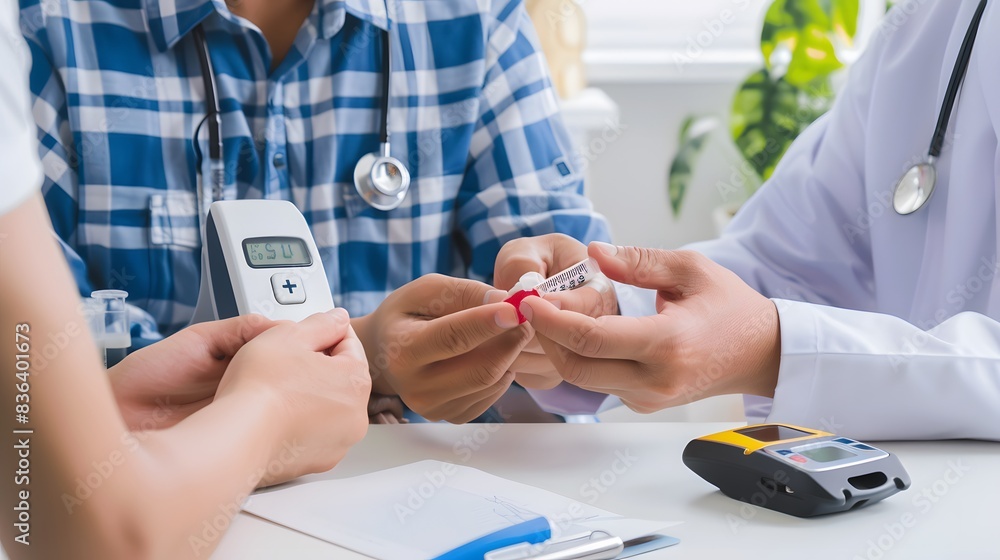 Doctor checking blood glucose levels with a patient, demonstrating ...