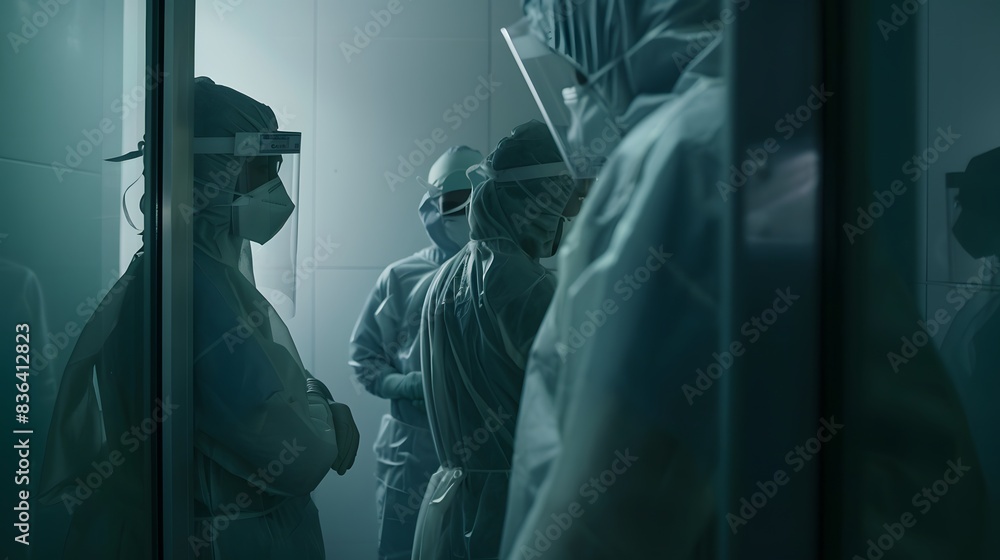 Medical team wearing full protective gear, discussing in a sterile room ...