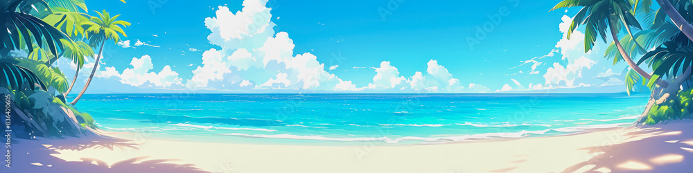 banner illustration of anime landscape with tropical beach, anime style ...