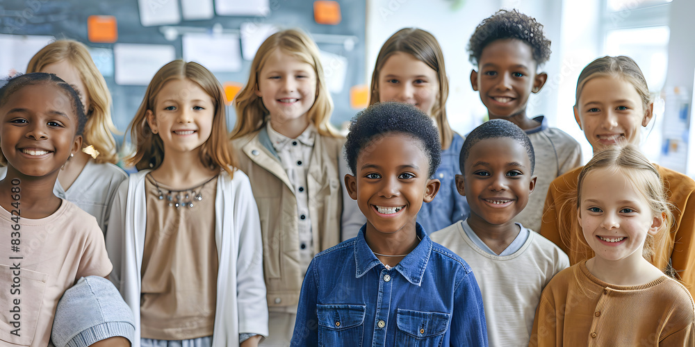 Grupo de niños sonriendo de distintas razas etnicas en un salon de ...