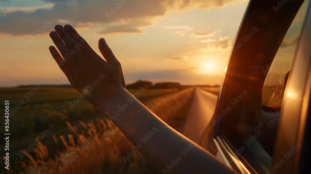 Hand Waving Out of Car Window at Sunset Along Country Road, Capturing ...