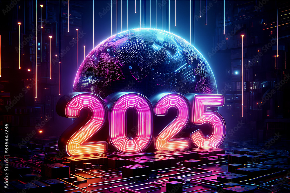 New Year Futuristic Neon 2025 Signage, Glowing 2025 on Digital Grid ...