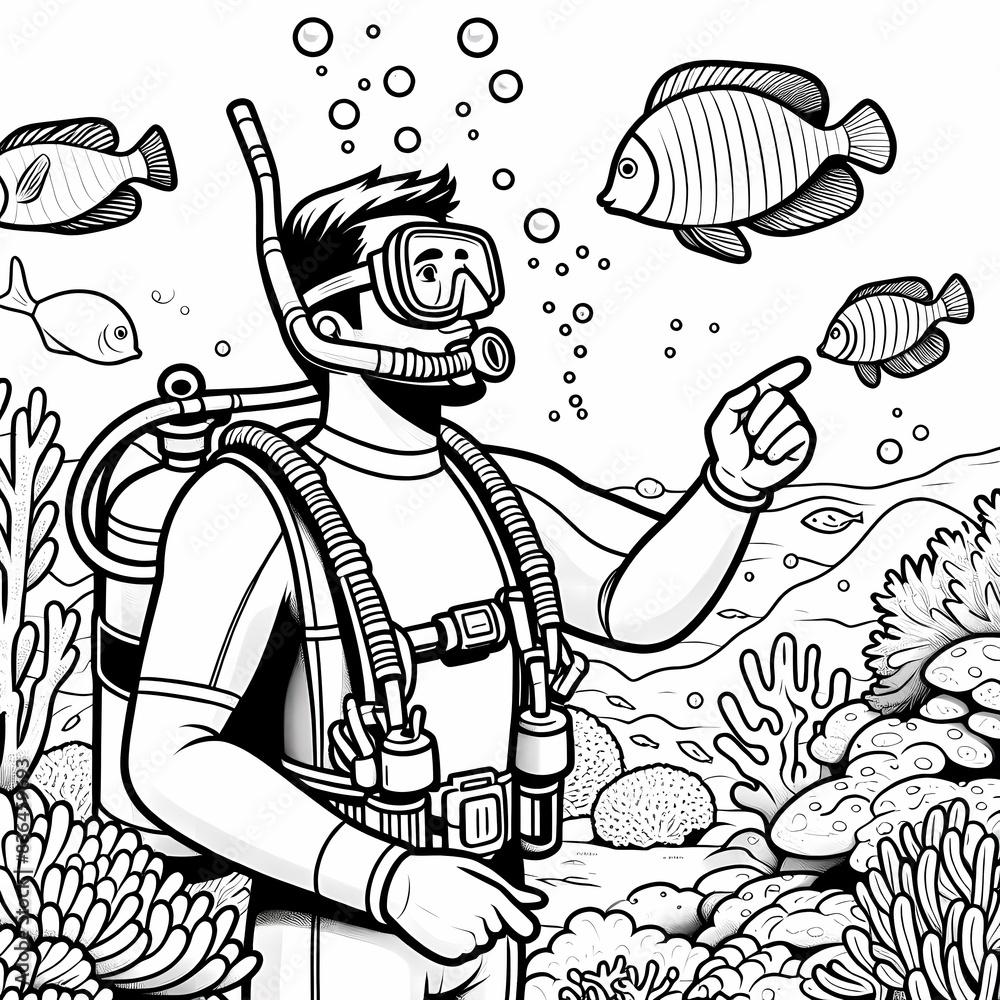 Scuba Diver Exploring Coral Reef Coloring Page for Kids Stock ...