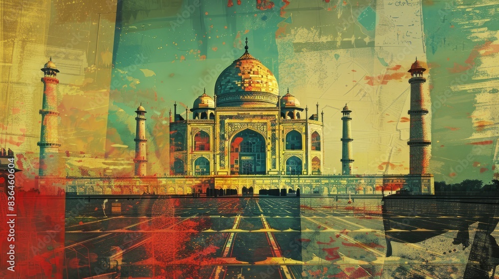 New Delhi collage with Taj Mahal, retro color palettes, subdued ...