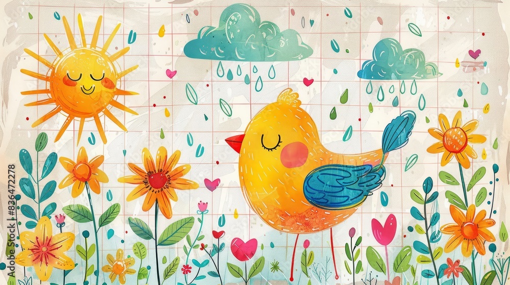 Colorful spring doodles set with flowers, sun, bird, and a cloud with ...