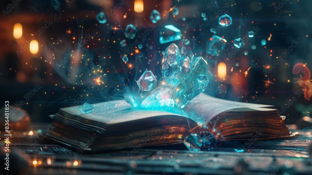 Open spell book with floating pages, shimmering gemstones, and ...