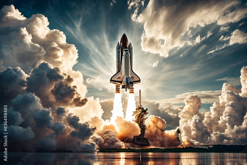 To send off the space shuttle from a raft, a space shuttle taking off ...