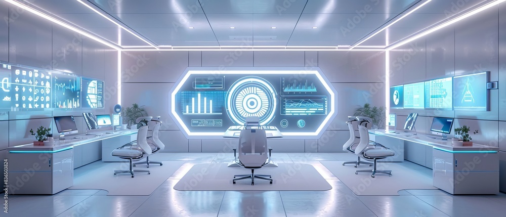 Futuristic control room with advanced technology, neon lights, and ...