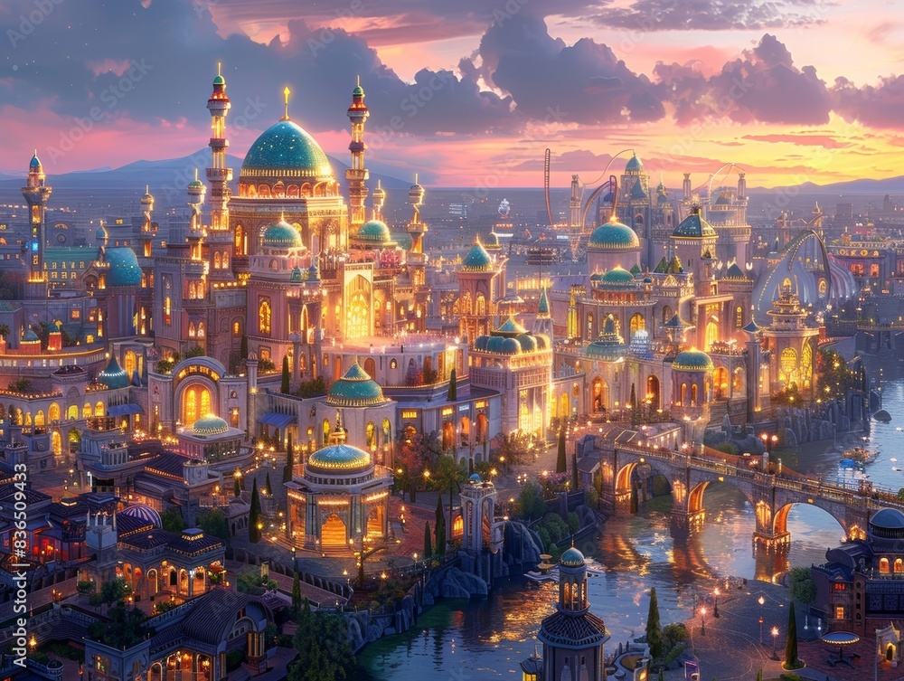 a bustling city during twilight, with intricate and ornate architecture ...