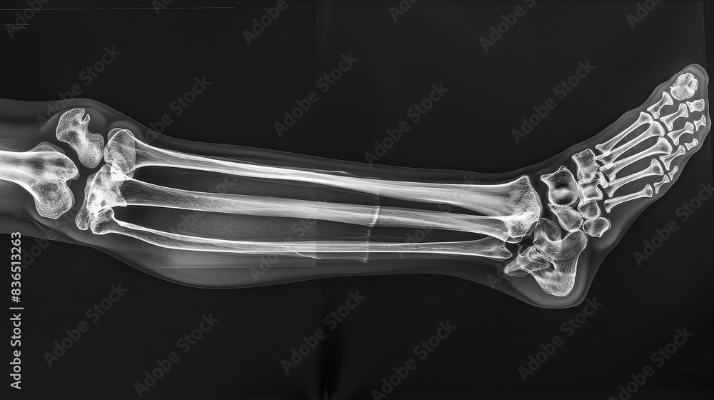 X-ray image of a person in a cast, showing the healing process of a ...
