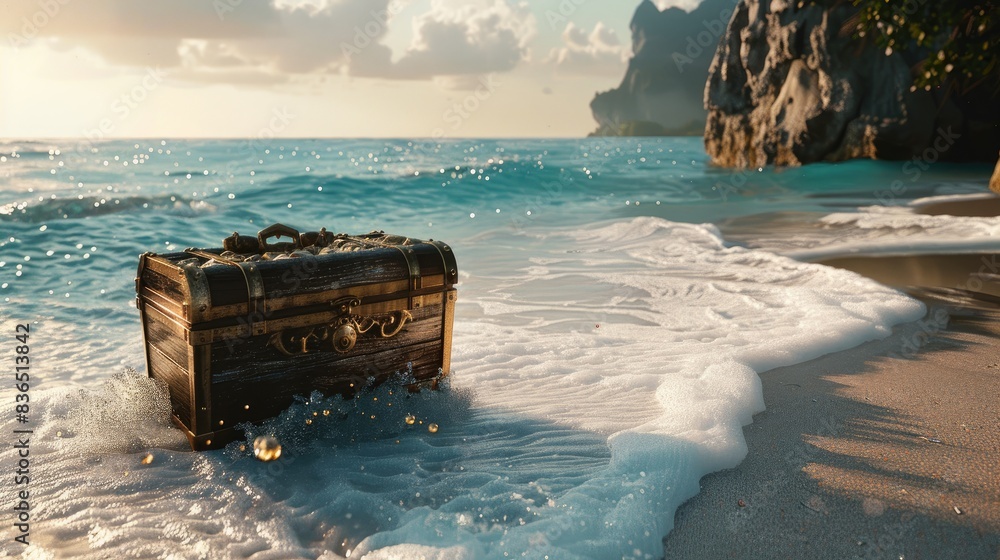 A pirate treasure chest washed ashore on a secluded beach, with waves ...