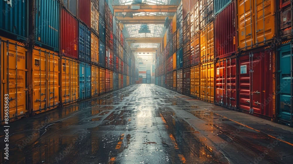 A vibrant cargo container terminal with colorful shipping containers ...