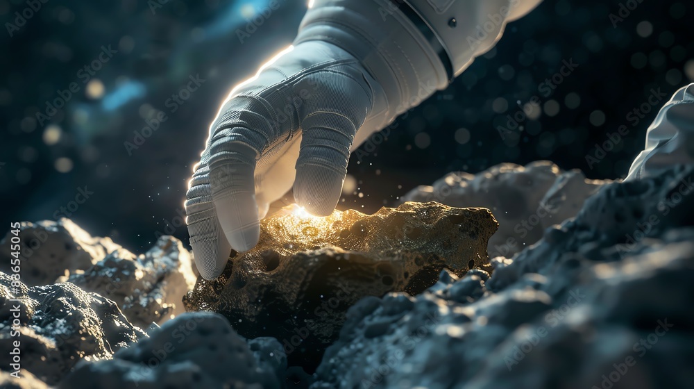 Astronaut hand in space suit holding glowing rock on lunar surface ...