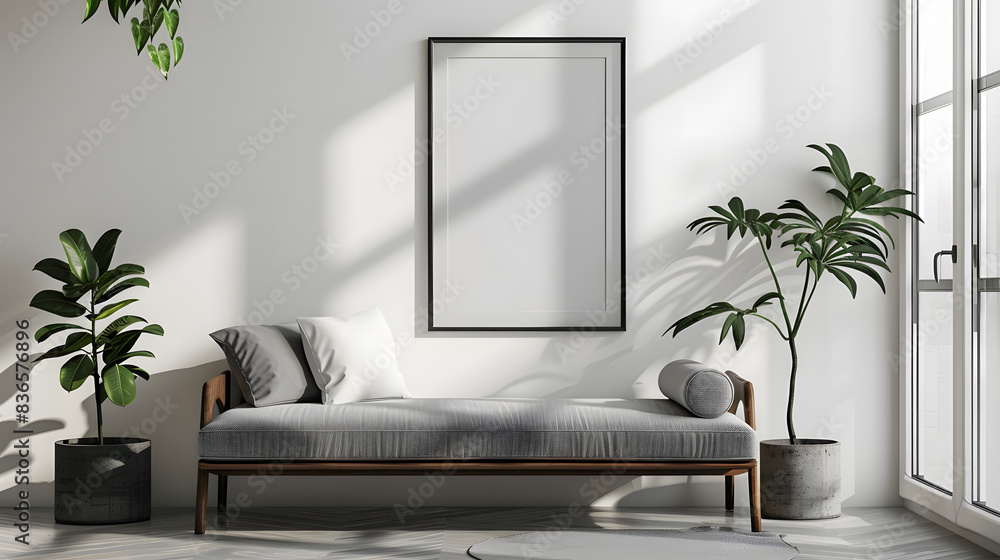An art poster frame graces the white wall above a gray bench, enhancing ...