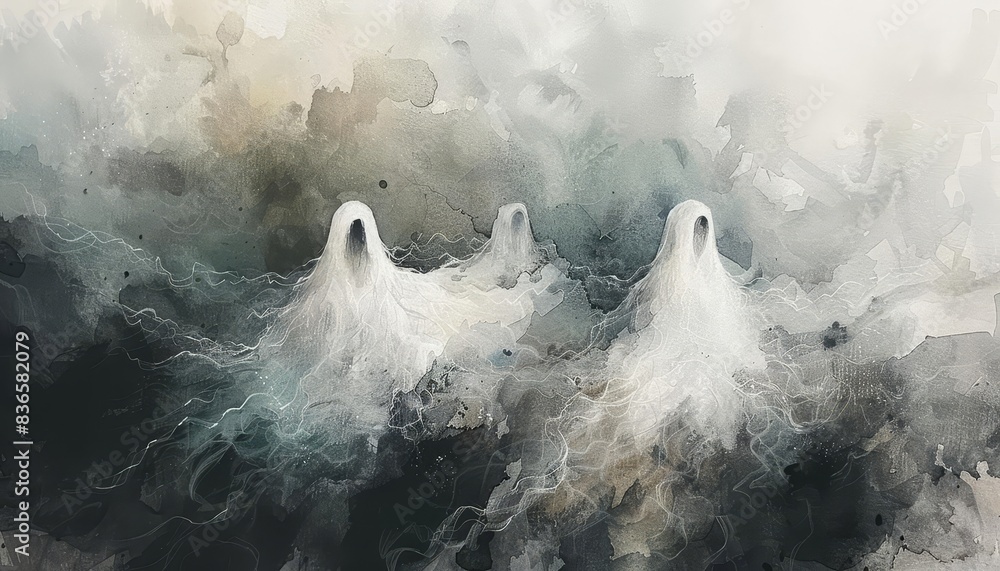 Design a watercolor illustration of ghostly apparitions from a slanted ...