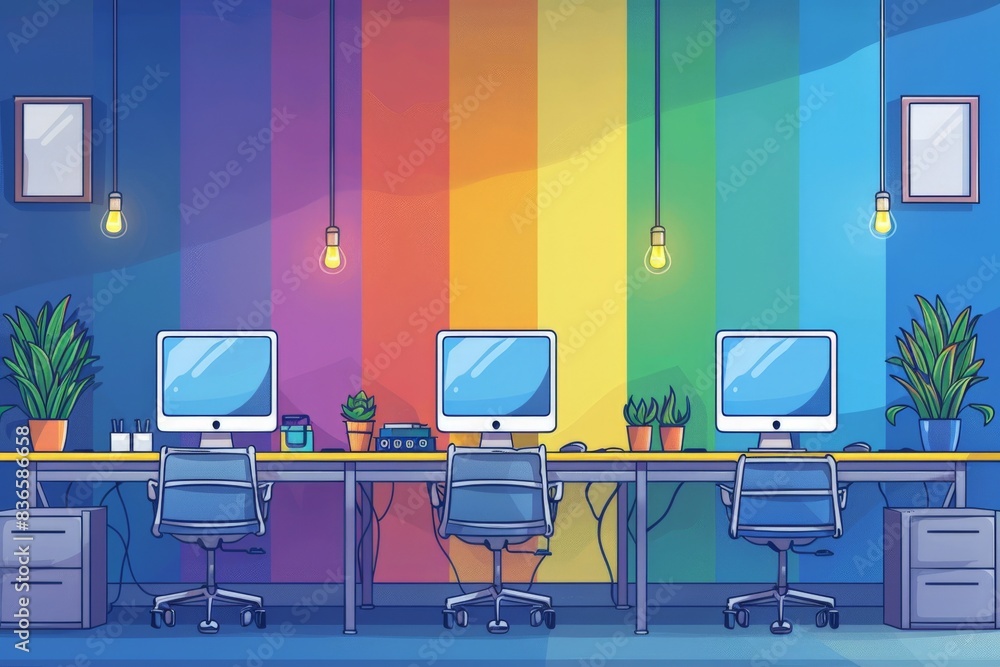 Simplified vector illustration of a corporate office decorated with ...