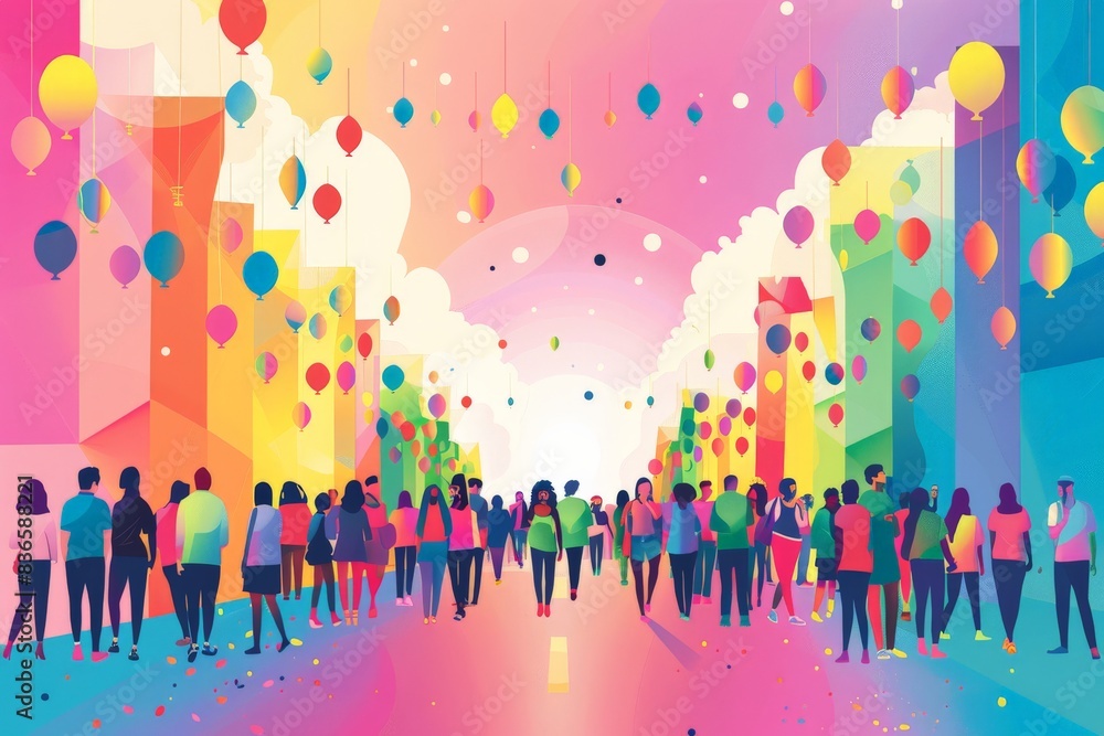 Minimalist vector scene of a Pride festival featuring diverse LGBTQ+ ...