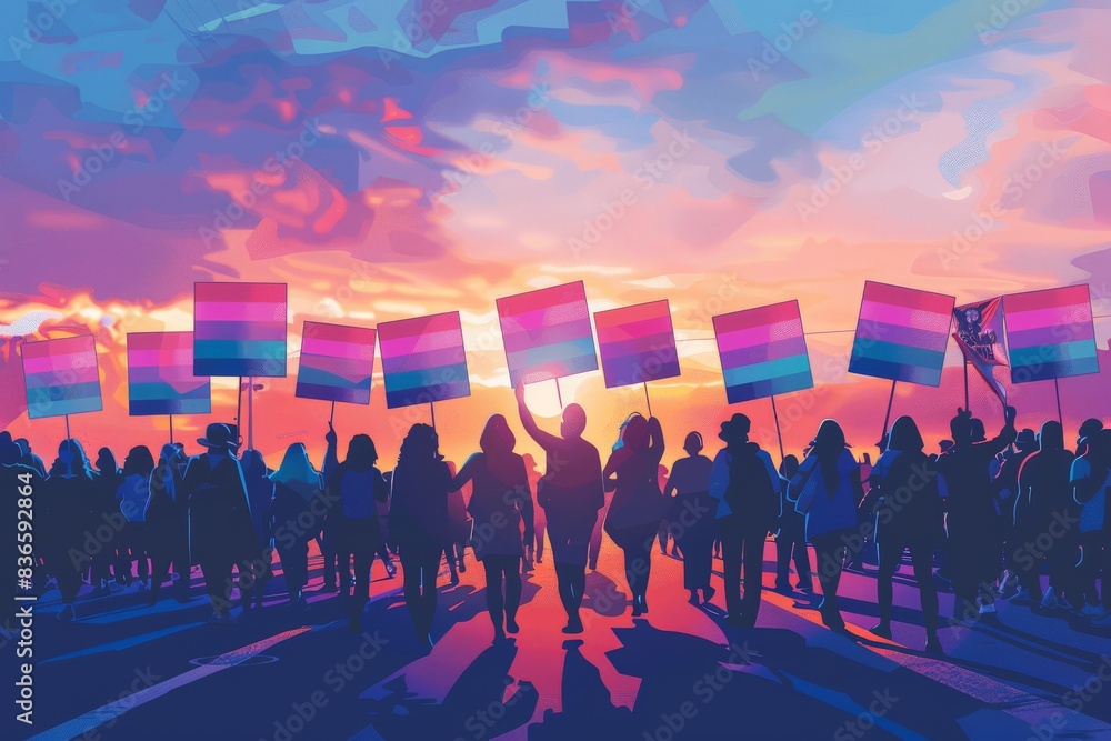 Simplified vector scene of a Pride march with participants advocating ...