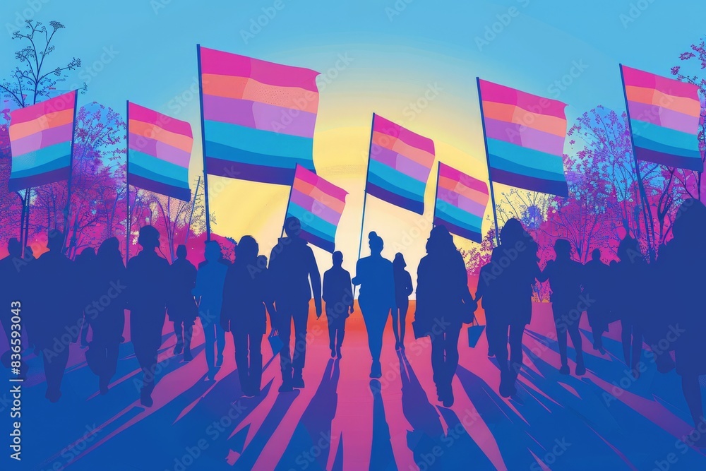 Simplified vector scene of a Pride march with participants advocating ...