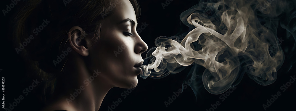 Dark abstract style image, woman's face turning into smoke by sad ...
