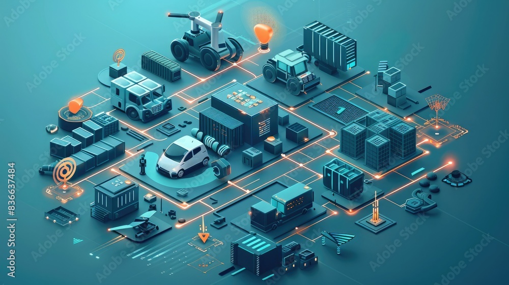 Isometric illustration of a smart logistics system, depicting connected ...