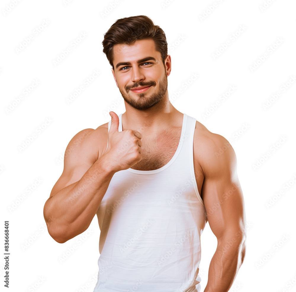 Handsome muscular man in a white tank top, showing a thumbs up isolated ...