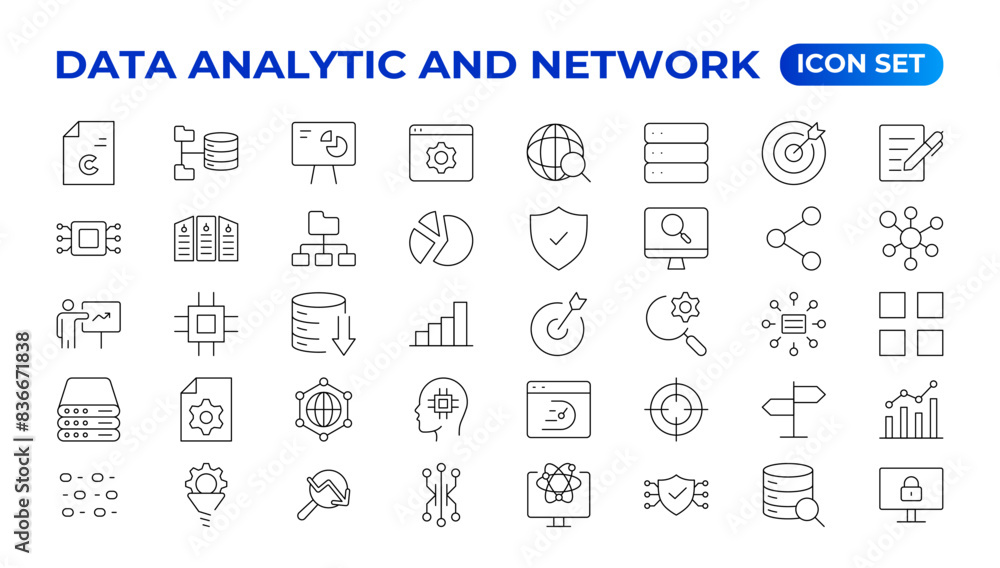 Big data analysis thin line icon set. Data processing outline ...