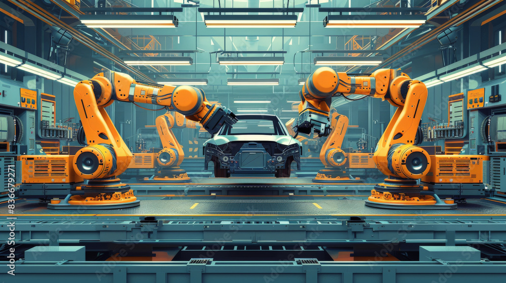 Simplified vector scene of an automotive robotics assembly line, featuring advanced robots ...