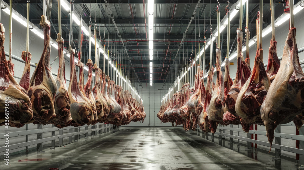 Meat industry, meats hanging in the cold store. Cattles cut and hanged ...