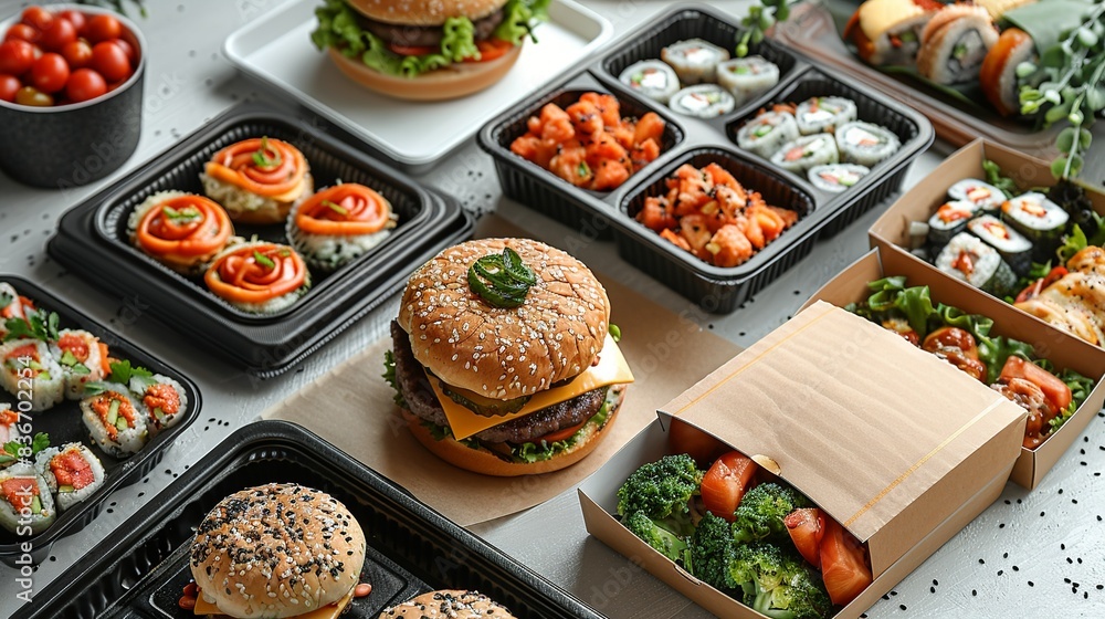 Mockups of takeaway food packaging, including burger boxes, pizza boxes ...