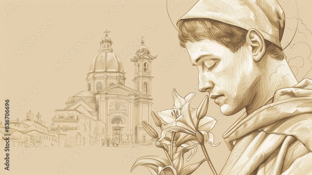 Biblical Illustration of Saint Anthony of Padua in deep prayer, holding ...