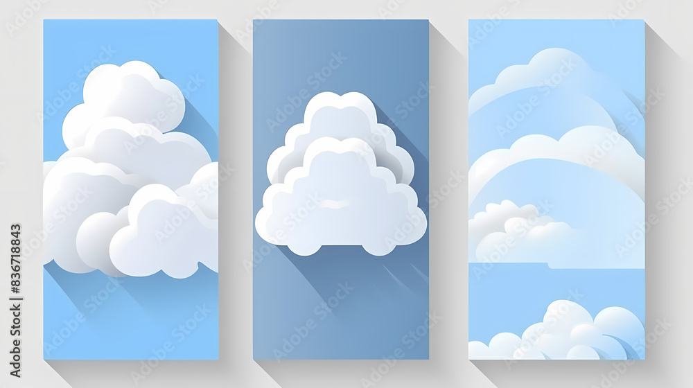 Vertical posters set with fluffy clouds. Weather forecast app widgets ...