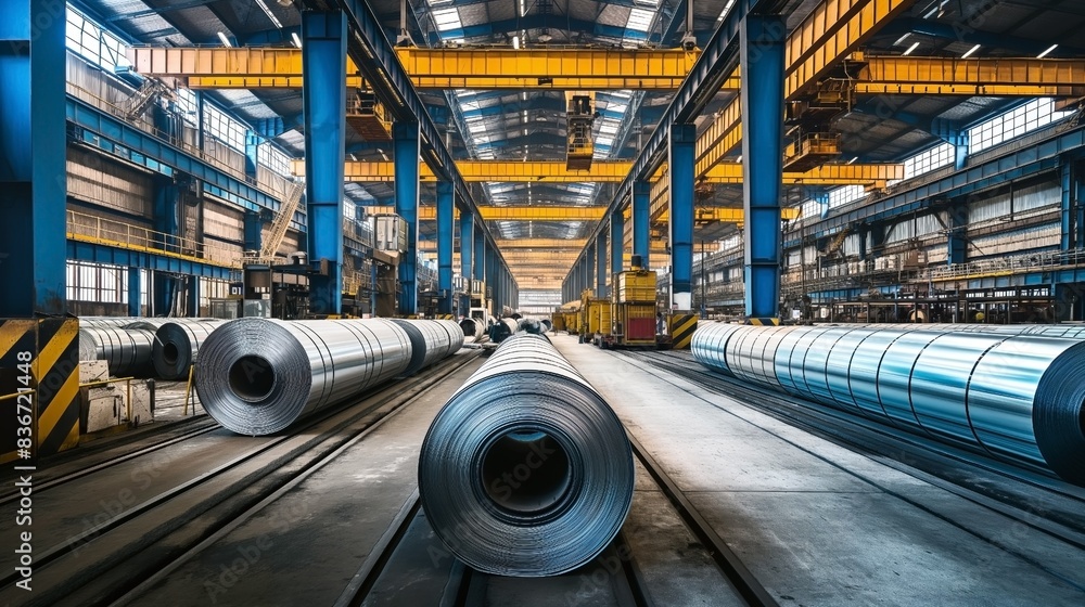 Interior of a large industrial facility with stacked coils of rolled ...