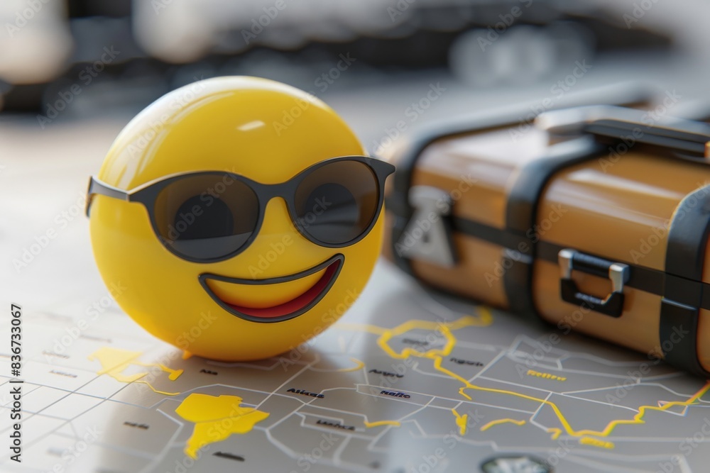 Globe emoji with sunglasses and suitcase on plain white background ...