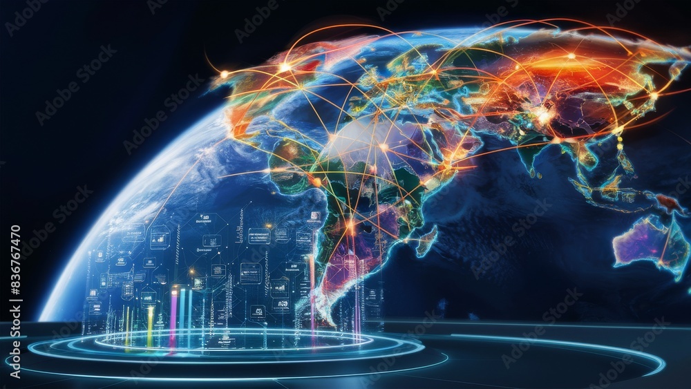 3D render of a futuristic digital network map, showcasing the global ...