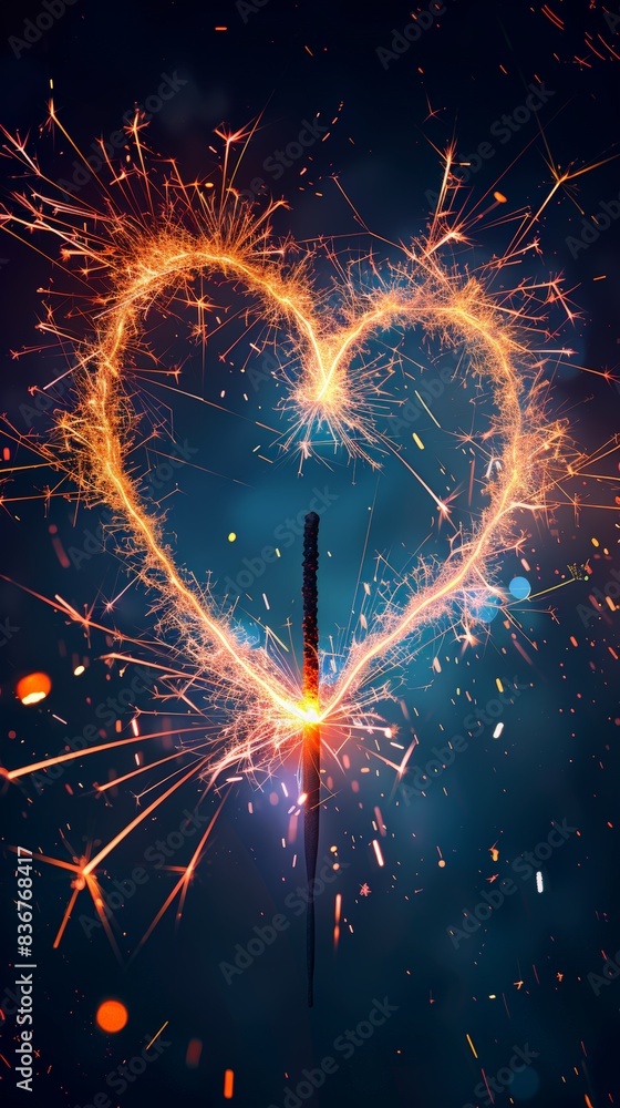 An illustration of sparklers forming the shape of a heart against a ...