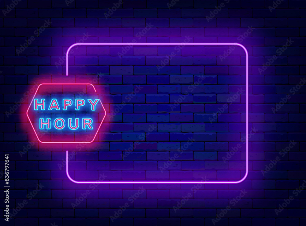 Happy hours neon flyer. Empty purple frame and bar, cafe sign. Eating ...