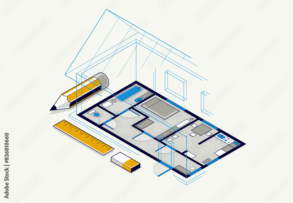 House floorplan drawing with pencil, lodge residential home building ...