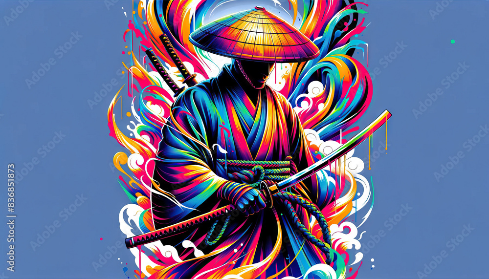 Vivid illustration of a samurai in traditional attire, surrounded by a ...
