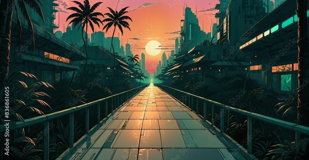 cyberpunk lo-fi sci-fi tropical city street with palm trees and ...