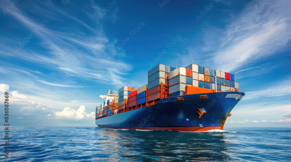 Large cargo ship loaded with containers on the ocean Stock Photo ...