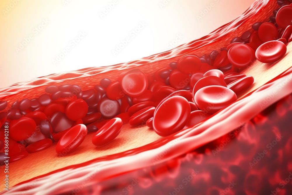 Red blood cells flowing through a blood vessel, depicting healthy ...