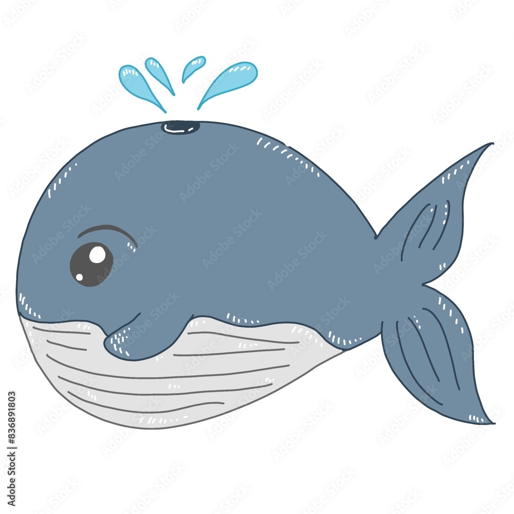 The cartoon whale was round in shape and dark blue in color with water ...