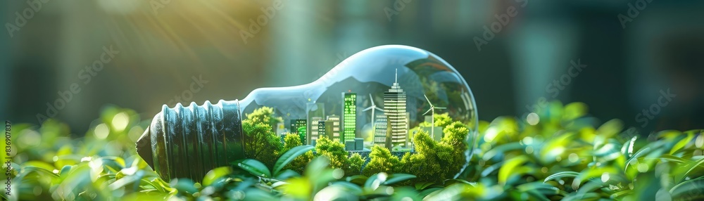Visualization of green technology, a light bulb encasing a detailed ...