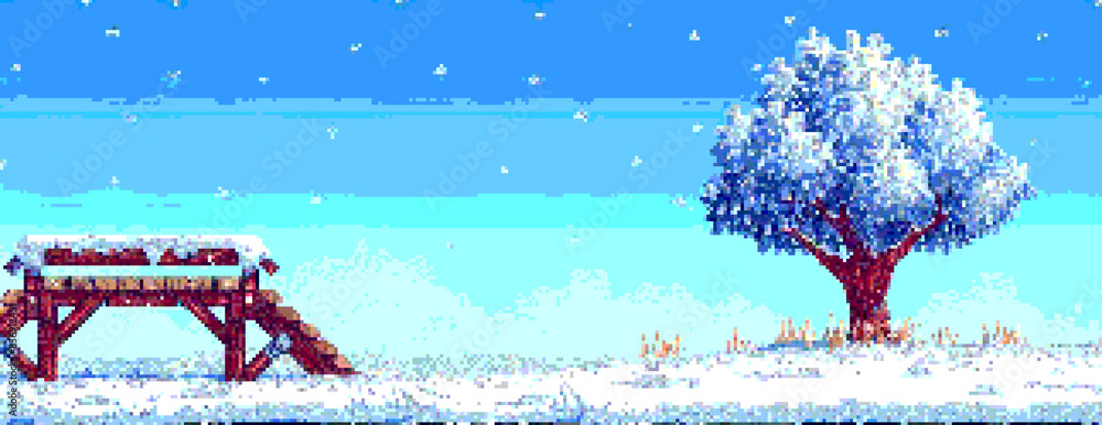 8bit pixel art game scene with small bridge over tiny patch of snow on ...