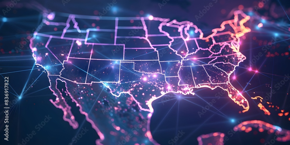 Digital map of the United States with glowing connections, representing ...