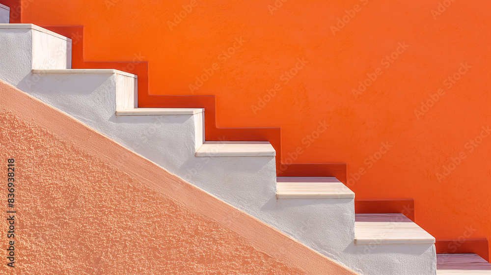 Side view of white stairs against a vibrant orange wall, creating a ...